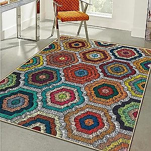 Boho Patchwork Geometric Print Area Rug Ethnic Tribal Bohemian Style Accent Rugs Colorful Non Slip Washable Floor Carpet for Living Room, Bedroom, 5x8 feet