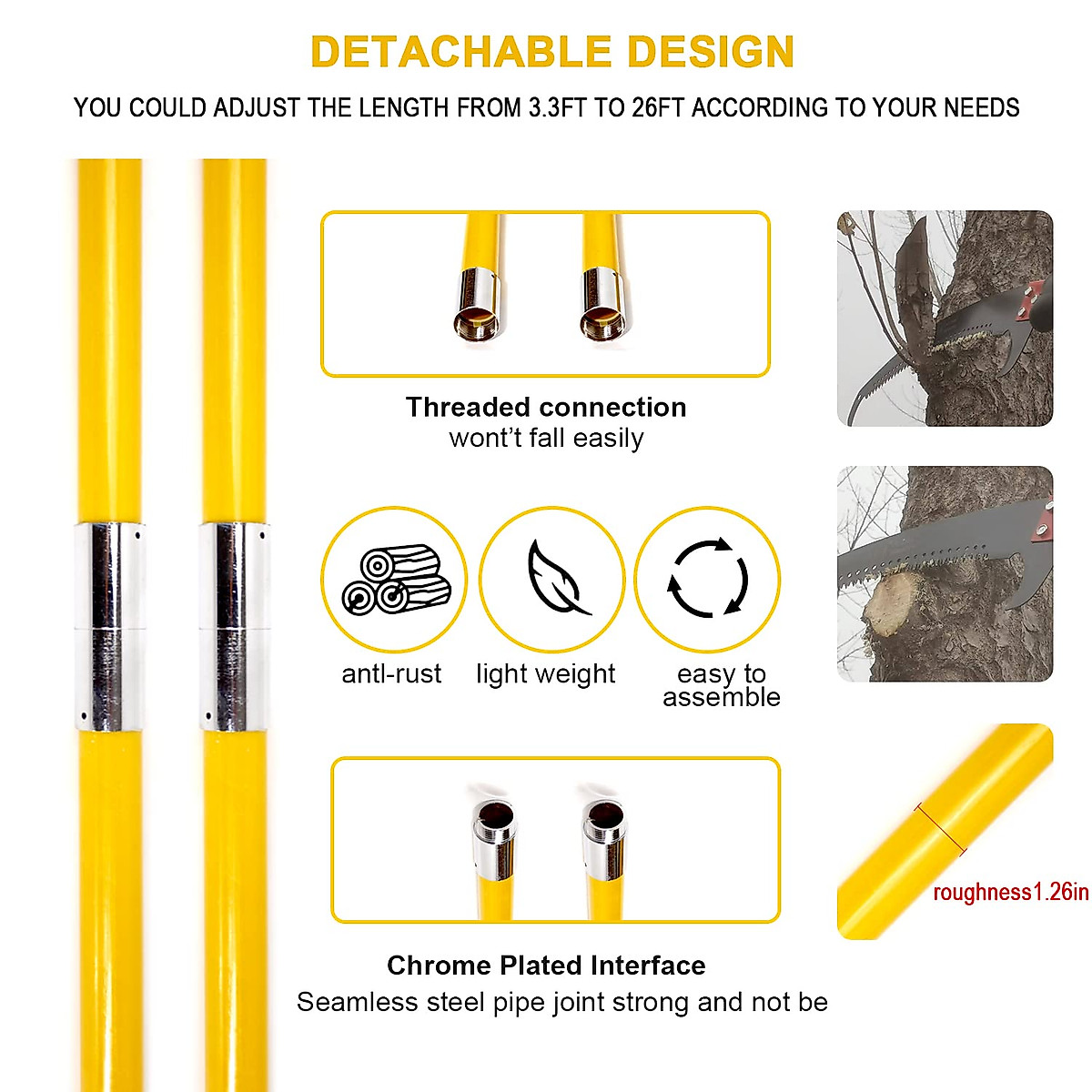 30 Feet Tree Pole Pruner, Durable Tree Trimmers Handle, Manual Branches Trimmer for Garden Tools Loppers Hand Pole Saws Extendable Height with Knives and Storage Pocket