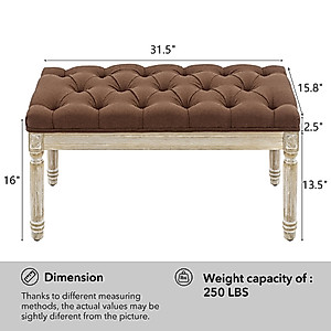 LOULENS French Vintage Bench, Linen Fabric Entryway Bench, Upholstered Tufted End of Bed Bench with Brushed Wood Legs, Brown