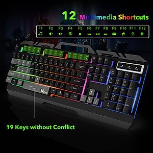 WisFox Wired Keyboard, Computer Keyboard with Rainbow LED Backlit, All-Metal Panel Gaming Keyboard with Phone Holder, Full Size Quiet Warterproof Office USB Keyboard for Desktop, Computer, PC