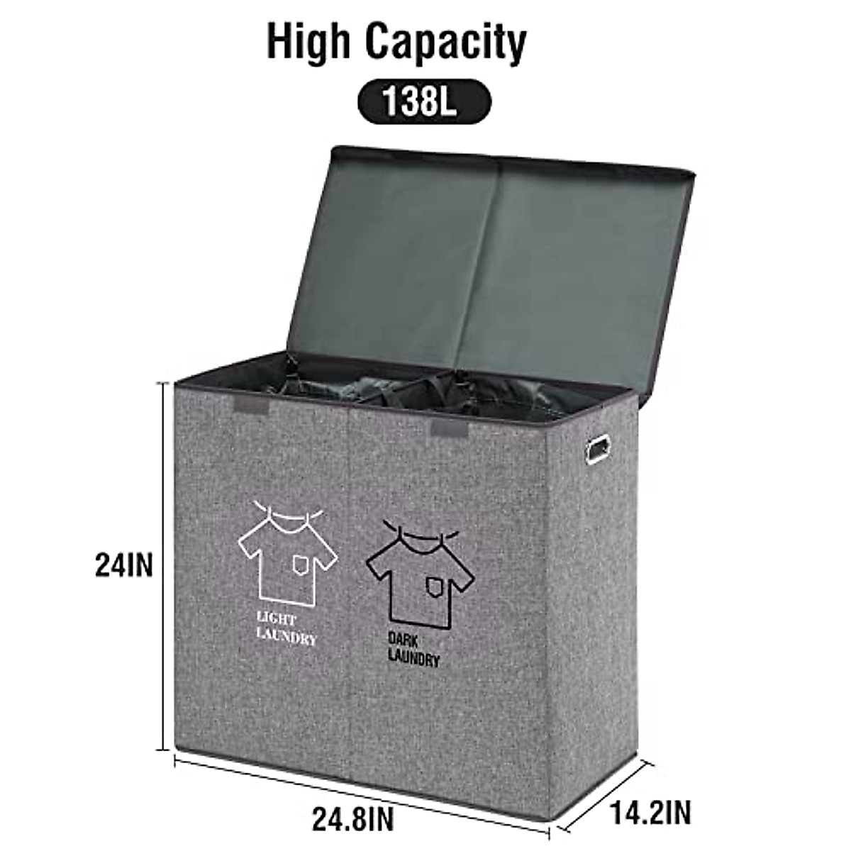 TECHMILLY Double Laundry Hamper with Lid, 140L Large Foldable Dirty Cloth Basket 2 Section with Removable Liners, Tall Divided Laundry Baskets with Handles for Bedroom, Closet, Bathroom - Grey