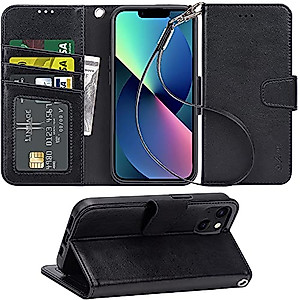 Arae Compatible with iPhone 13 Case [Not for iPhone 13 Pro] with Card Holder and Wrist Strap Wallet Flip Cover for iPhone 13 6.1 inch-Black