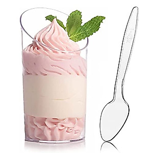 Zezzxu 50 Pack Mini Dessert Cups with Spoons, 2.2 oz Clear Plastic Parfait Appetizer Cups Shot Glasses Small Serving Bowls for Tasting Sample Appetizers