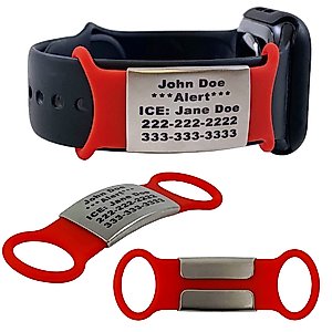 Multi-Purpose Waterproof Red Safety Alert ID Bracelet - Free Engraving - Hypoallergenic Silicone Attachment with 30mm Plate - Runners ID - Fitness ID - Triathletes ID - Religious ID - ID Bracelet