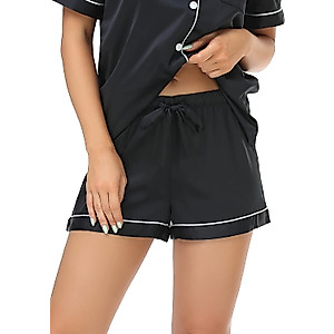Serenedelicacy Women's Satin Pajama Set 2-Piece Sleepwear Loungewear Button Down Short Sleeve Silky PJ Set (Medium, Black)