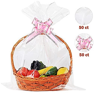 UltraOutlet 50 Packs Large Cellophane Bags 18" x 24" Clear Cellophane Gift Basket Wraps 2.3 Mil Thick Clear Cello Bags for Fruit Basket, Gift Wrap, Treats, Arts and Crafts, 50ct Ribbon Bows
