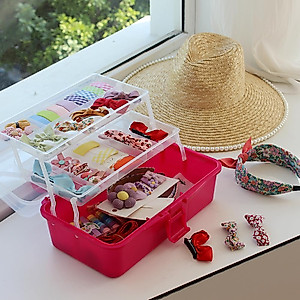 BangQiao 2-Tier Trays Clear Rose Red Plastic Storage Container Organizer Box, Multipurpose Portable Carrying Case with Latch Lock and Handle for Art, Craft, Sewing Supplies, First Aid, Makeup