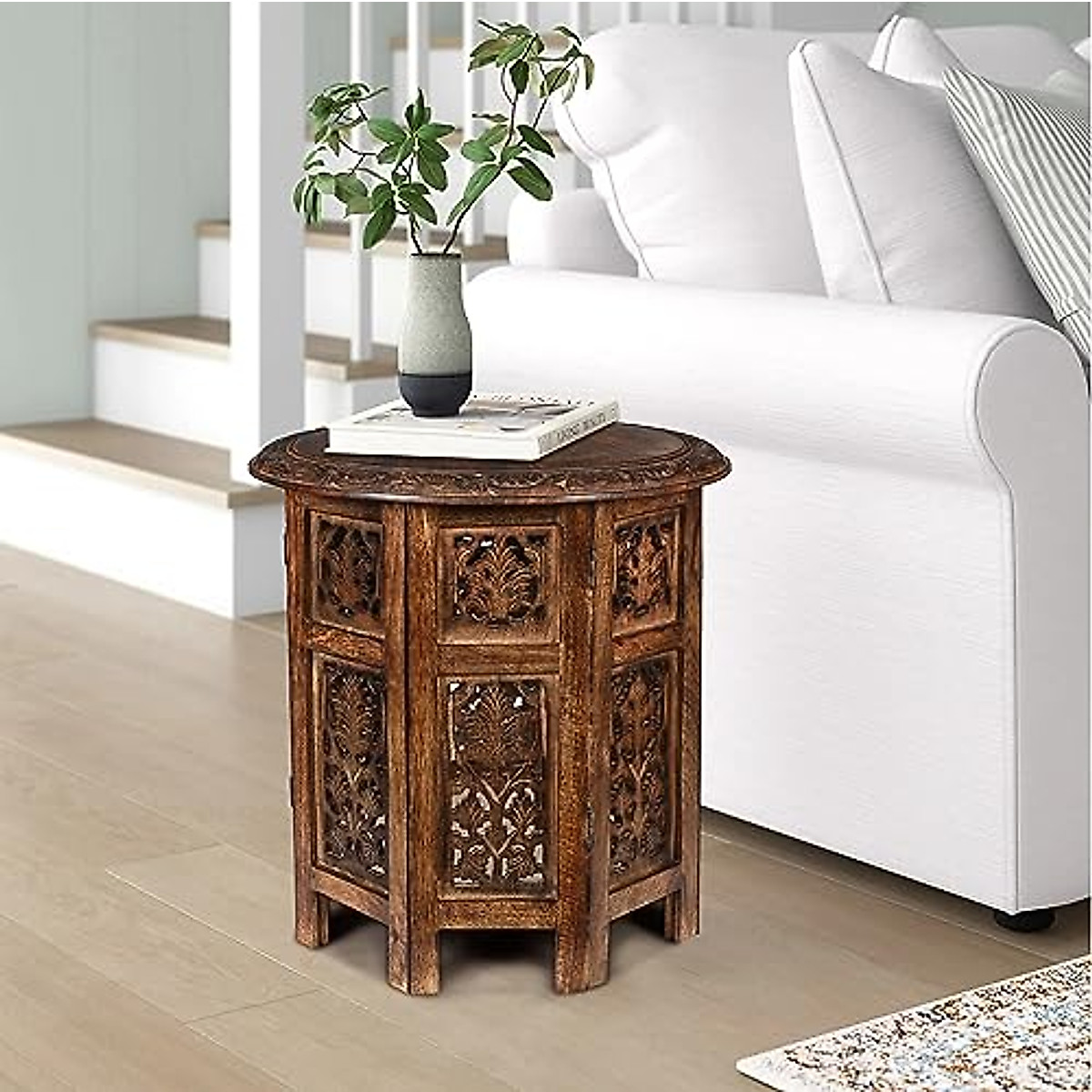 Goroly Home Solid Wood Hand Carved Accent Table, Side Table, Entryway Table, Wooden End Table, Octagonal Wooden Table - 18 Inch Round Top x 18 Inch High - Burnt