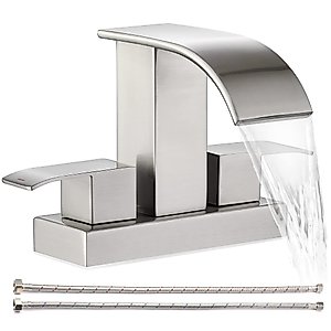 Waterfall Bathroom Sink Faucet - 2 Handle 4 Inch Centerset Faucet for Lavatory Bathroom Sink, with cUPC Faucet Supply Line Hoses for Bathroom Restroom Vanity Lavatory, Brushed Nickel