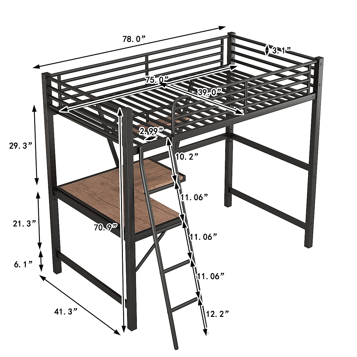 P PURLOVE Metal Loft Bed with Desk Twin Size High Loft Bed with L-Shaped Desk and Shelf and Ladder,No Box Spring Need