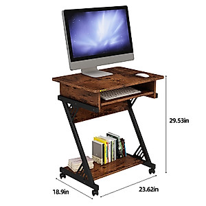 NEWSENDY Computer Desk with Keyboard Tray, 23.6 inch Rolling Small Desk with Wheels, Computer Cart with Storage, Mobile Desk Z Shaped for PC, Home Office, Brown