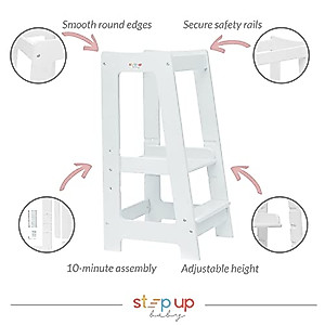 Stepup Baby Toddler Tower Step High Chair | Montessori Inspired | Kitchen Wooden Step Stool for Preschool Kids | Adjustable for 18 Month - 5 Years | Includes Safety Rail (White)