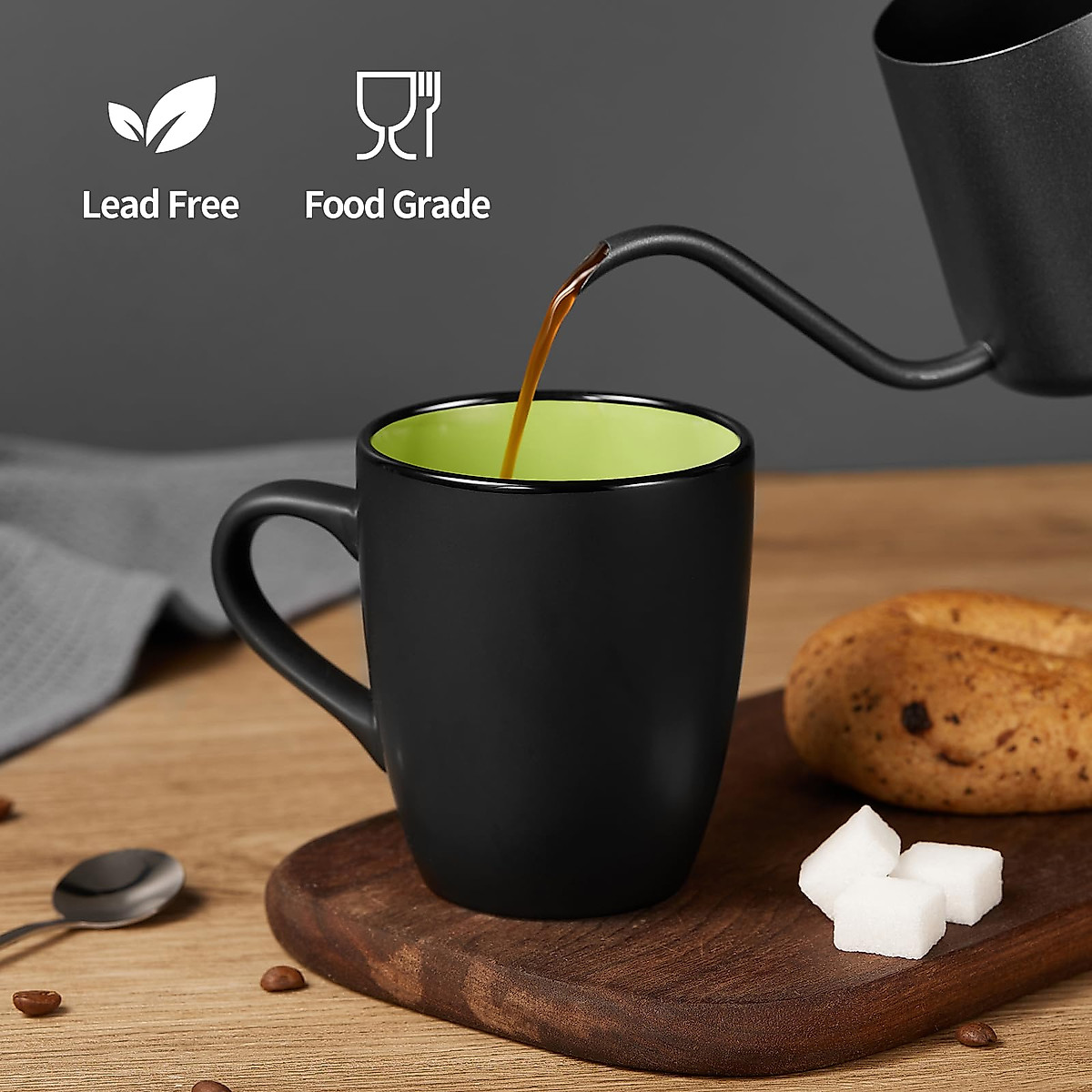 Qipecedm 6 Pack Porcelain Coffee Mugs Set, 12 Ounces Ceramic Coffee Mugs, Matte Black Coffee Mug, Restaurant Coffee Cups for Coffee, Tea, Cappuccino, Cocoa, Cereal, Black outside and Colorful inside