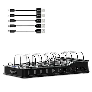 Kavalan 10 Port USB Charging Station Dock & Organizer, Universal Desktop Tablet and Smartphone Multi-Device 10 Port USB Charger Hub with Auto Detect Smart Rapid Charging Technology