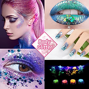 Glow in The Dark Face Body Glitter Gel - Christmas UV Black Light Glitter for Women Body/ Face/ Hair/Makeup/Nail Art, Luminous Glitter Festival Accessories Rave Carnival Party Supplies (12)