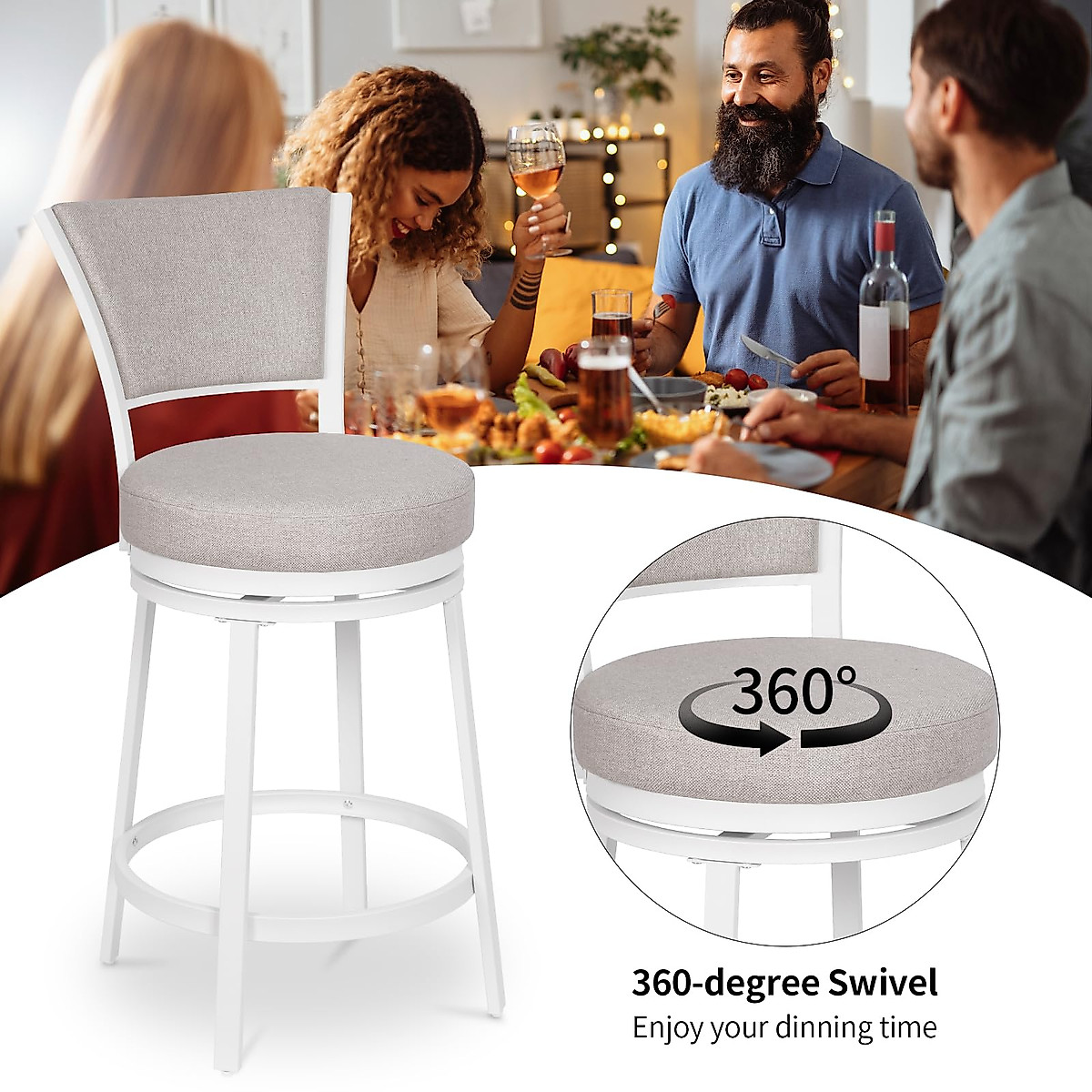 FLYZC Bar Stools, Swivel Bar Stools with Back, 25" Counter Height Bar Stools Set of 2, Round Swivel Counter Stools Bar Chair with Backrest, Stools for Kitchen Counter Island Bar