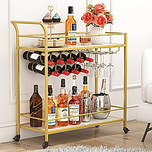 Lifewit Bar Cart, Home Bar Serving Cart, 2 Tier Drink Cart with 9 Wine Bottle Racks, Liquor Beverage Cart for Kitchen Dining Living Room Outdoor, 31.5" x 13" x 34.6", Gold