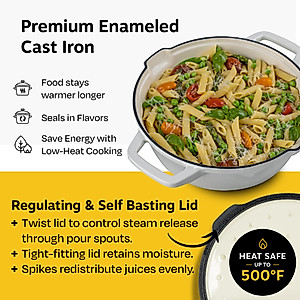 NATIVO 5pc Stackable Cast Iron Cookware Set, Versatile Enamel Dutch Oven, Seasoned Grill Pan & Enamel Braiser with Precision Pour Spouts, Universal Lid, Included Spacers/Handle Holders, White Dutch