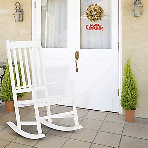 Wooden Rocking Chair - Indoor Outdoor Rocking Chair with Slatted Seat and Backrest - Nursery Rocking Chair with High Back Seat - Smooth Rocker Chair for Patio, Deck, Garden, Lawn, Porch - White