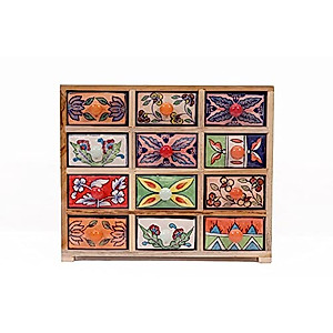 Tyagi-Export -Multipurpose 12 drawer ceramic organizer storage chest of drawers -Teak wood Unique Pottery Fancy Wooden Drawer Box Drawers jewellery organizer,for bedroom living room 14 x 4.5 x 12 Inch