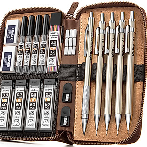 Nicpro 5 PCS Metal Mechanical Pencil Set in Leather Case, 0.3 & 0.5 & 0.7 & 0.9 mm & 2mm Lead Pencil Holders, (4B 2B HB 2H) Lead Refills (Black & Colors), Erasers, For Art Drafting Sketching Drawing
