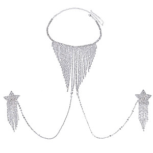Rhinestone Body Chain Jewelry Crystal Tassel Chain Necklace Luxury Rhinestone Stars Tassel Nipple Stickers Breast Cover Stickers Chest Body Jewelry for Women(Tassel)