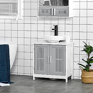 kleankin Modern Under Sink Cabinet with 2 Doors, Pedestal Under Sink Bathroom Cupboard, Bathroom Vanity Cabinet with Adjustable Shelves, Gray and White