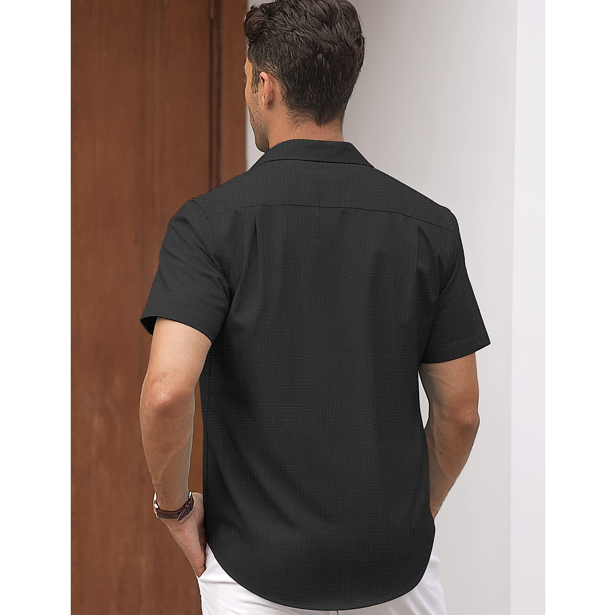 COOFANDY Men's Linen Short Sleeve Business Summer Shirt Fitted Untucked Button Shirt Black