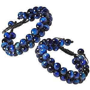SUNYIK 8mm Round Blue Tiger's Eye Stone Adjustable Bracelet for Unisex, Double Layers Beads Macrame Friendship Bracelets, 7"-10" Strand