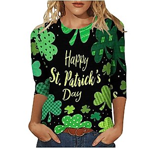 Women's St Patricks Day Shirt 3/4 Sleeve Crewneck Irish Tee Blouse Shamrock Graphic Funny Plus Size Loose Fit Comfy