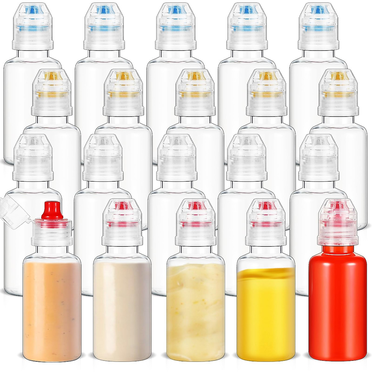 Tioncy 20 Pcs Mini Condiment Squeeze Bottle 3.2 oz Plastic Condiment Dispenser Camping Condiment Containers with Flip Top Reusable Travel Condiments for Honey, Syrups, Ketchup, Salad Dressing, Oils