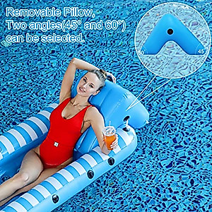 Inflatable Pool Float for Adults with Detachable Canopy and Cup Holder Outdoor Lounge Pool Lounger Rafts with Adjustable Inflatable Pillow for Swimming Lake Beach Vacation (Blue Stripe)