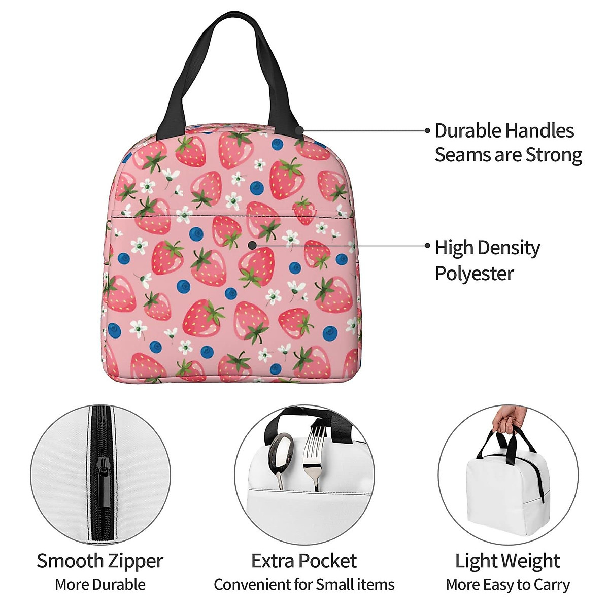 Cute Strawberry Blueberry Reusable Insulated Lunch Bag For Women Men Waterproof Tote Lunch Box Thermal Cooler Lunch Tote Bag For Work Office Travel Picnic