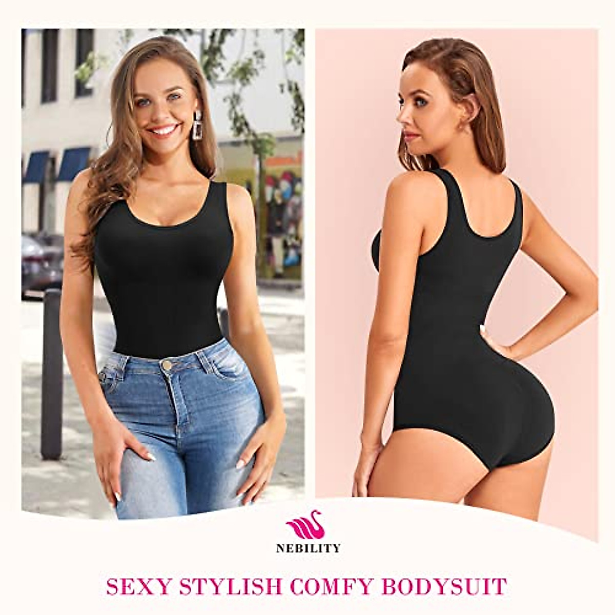 Nebility Women Waist Trainer Bodysuit Slim Full Body Shapewear Seamless Round Neck Jumpsuits Tummy Control Tops (M/L, Black)