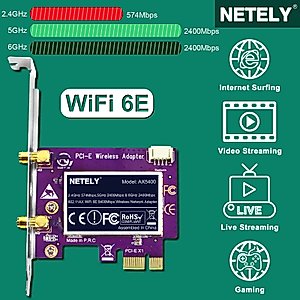 NETELY 802.11AX WiFi 6E 5400Mbps PCIE WiFi Adapter with Bluetooth 5.2 for Windows 10/11 64bit Desktop PCs, 2.4GHz 574Mbps, 5GHz 2400Mbps, and 6GHz 2400Mbps, Intel WiFi 6E AX210 PCIE WiFi Card (AX5400)