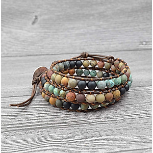 Izpack Fashion Love Heart Beaded Leather 3 Wrap Bracelets for Women Handmade Boho Natural Stone Ball Beads Wrist Bracelet Nice Gifts New Adjustable