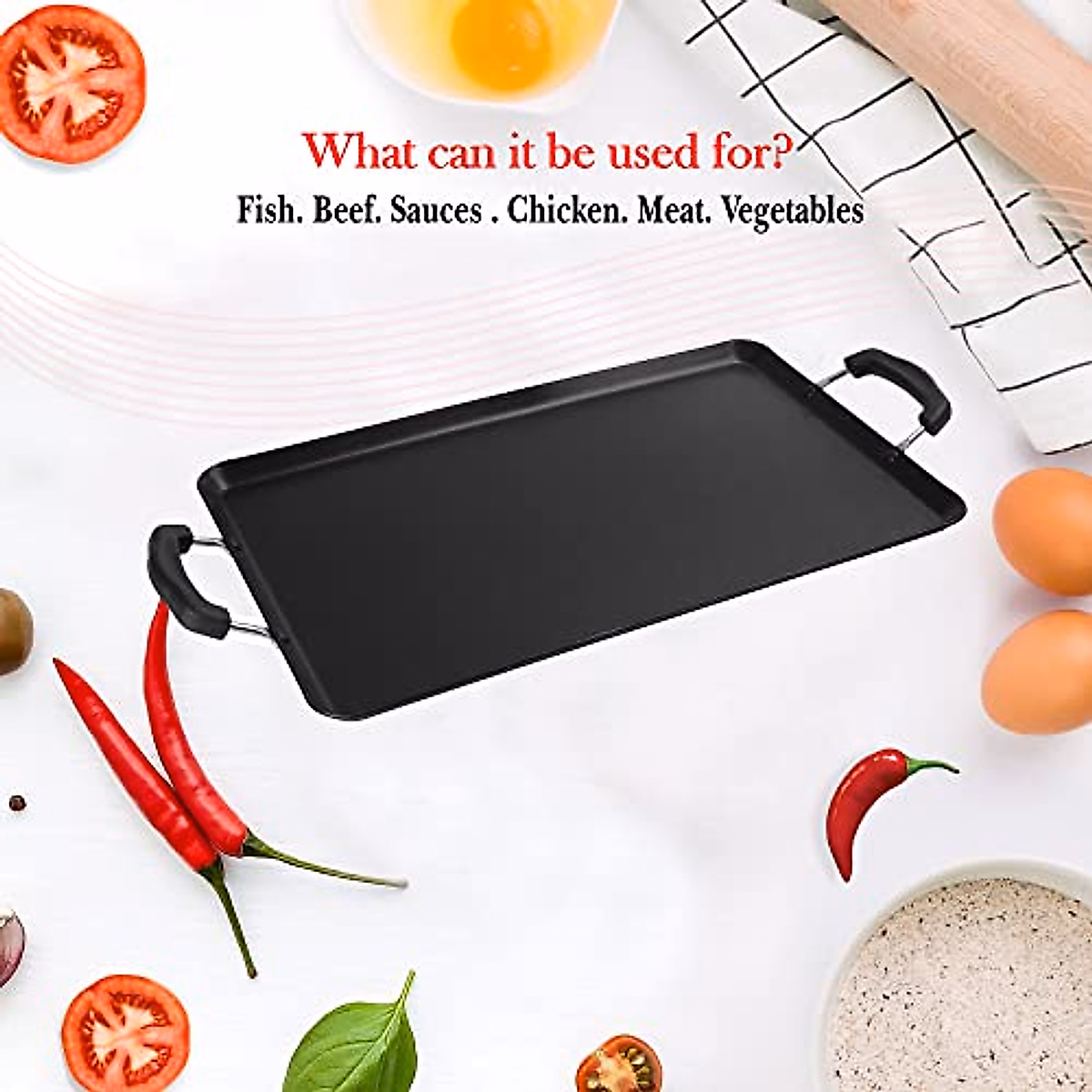 Alpine Cuisine Aluminum Griddle Pan 19x11in | Nonstick Coating & Heat Resistant | Gas Stove Griddle for Cookware with Double Handle - Ideal for BBQ & Serving Pancakes, Hand Wash - Gray