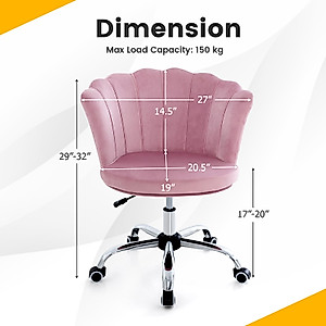 Giantex Velvet Home Office Chair, Modern Cute Shell Back Upholstered Desk Chair with Wheels, Adjustable Swivel Task Chair, Comfy Vanity Chair for Girls Women Bedroom, Pink