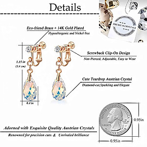 Teardrop Austrian Crystal Drop Clip On Dangle Earrings for Women Non Pierced 14K Rose Gold Plated Hypoallergenic Jewelry (Aurora Borealis)