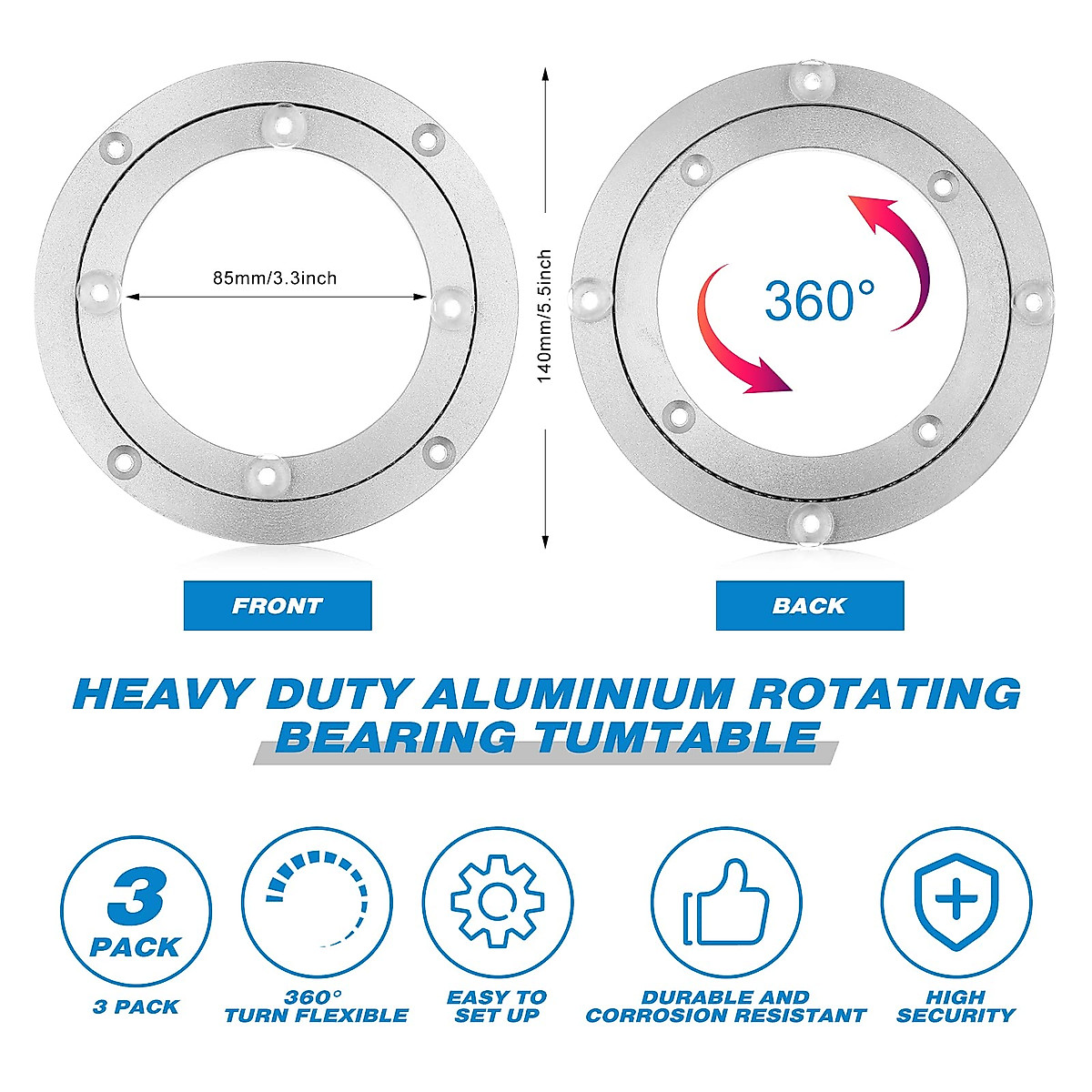 Hicarer 3 Pack 5.5 Inch Lazy Susan Bearing Hardware Turntable Heavy Duty Aluminum Small Lazy Susan Rotating Turntable Kitchen Base Turn Rotary Bearing Swivel Plate for Heavy Loads