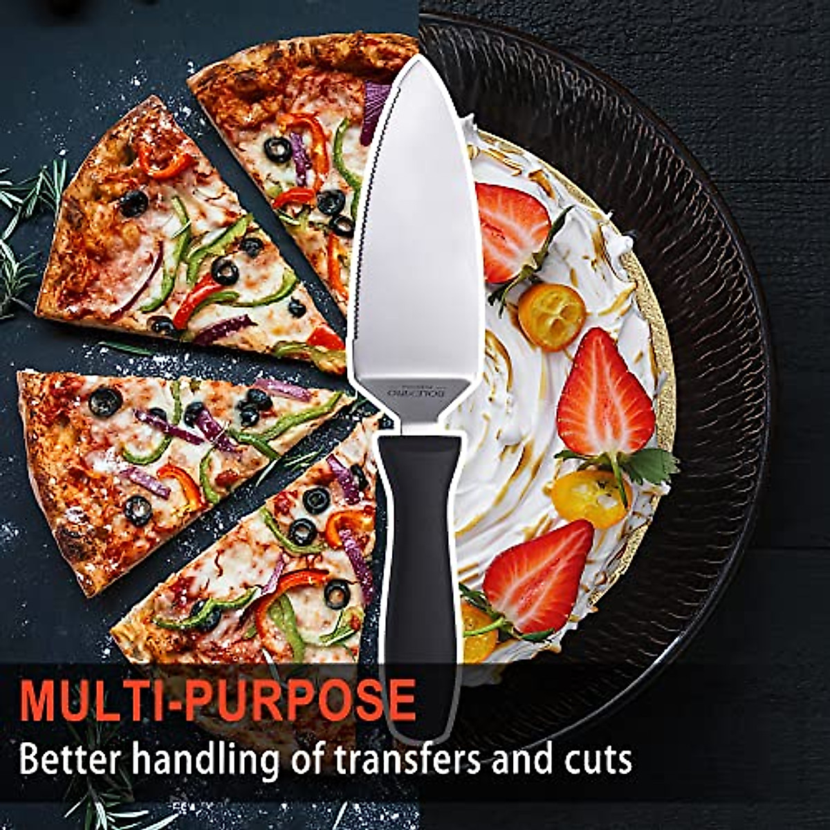BOLEX 7 inch Professional Stainless Steel Pie Server/Cake Cutter Server - Flatware Utility Pie Cutter with No-slip Plastic Handle - Resistant Pizza Cutter/Server Spatula for Pie/Cake/Dessert(Black)