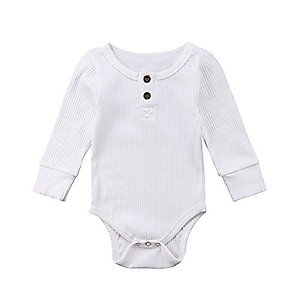 Seyurigaoka Newborn Unisex Baby Solid Bodysuit Basic Plain Rib Stitch Long Sleeve Romper Clothes for Infant Boy Girl (White, 6-12 Months)