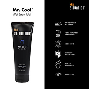 Hair Situation Mr. Cool Wet Look Hair Gel - Strong Hold, High Shine, Alcohol-Free, Clear Styling Formula, Anti-Humidity Frizz Control, Non-Flaking, Non-Greasy, Long-Lasting for All Hair Types 8 Fl Oz