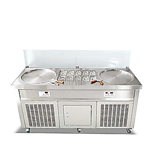 Commercial 22'' Double Round Pans + 10 pcs Refrigerated Tanks Fried Ice Cream Rolled Machine, Gelato Fry Frozen Yogurt Ice Cream Maker for Street Snack Food, Kitchen, Cafe Shop, Bar (ETL Certificate)