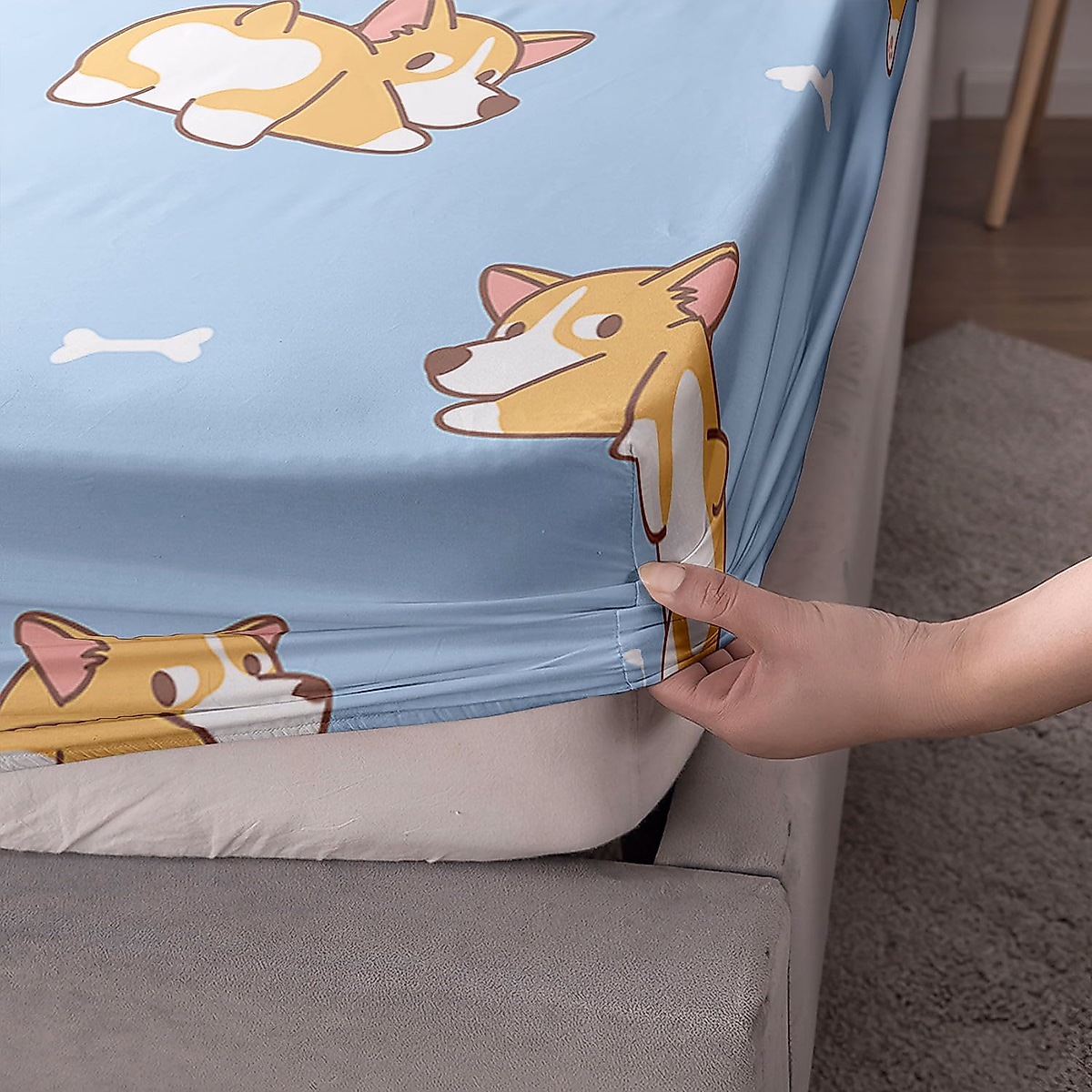 Smell Sunshine Cute Puppy Sheets Set 4Pcs for Kids,Cute Puppy Printed Sheet Set with 1 Flat Sheet and 1 Fitted Sheet + 2 Pillowcases(Cute Puppy Queen)