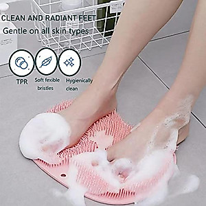 BAOZMINAN Shower Foot Scrubber, Wall-Mounted Back Scrubber, Silicone Bath Massage Cushion Brush with Suction Cups, Bathroom Wash Foot Mat Exfoliating Dead Skin Foot Brush (Pink)