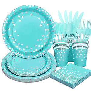 Gudvilla Teal Party Decorations, 168Pcs Teal Plates Plates and Napkins Party Supplies, Birthday Plates Serves 24, Birthday Decorations for Women, Turquoise Sweet 16, Easter Graduation Mothers Day