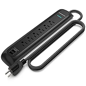 Monster 6ft Heavy Duty Black Power Strip and Tower Surge Protector, 1200 Joule Rating, 6 120V-Outlets, and 2 USB-A Ports- Ideal for Computers, Home Theatre, Home Appliances, and Office Equipment