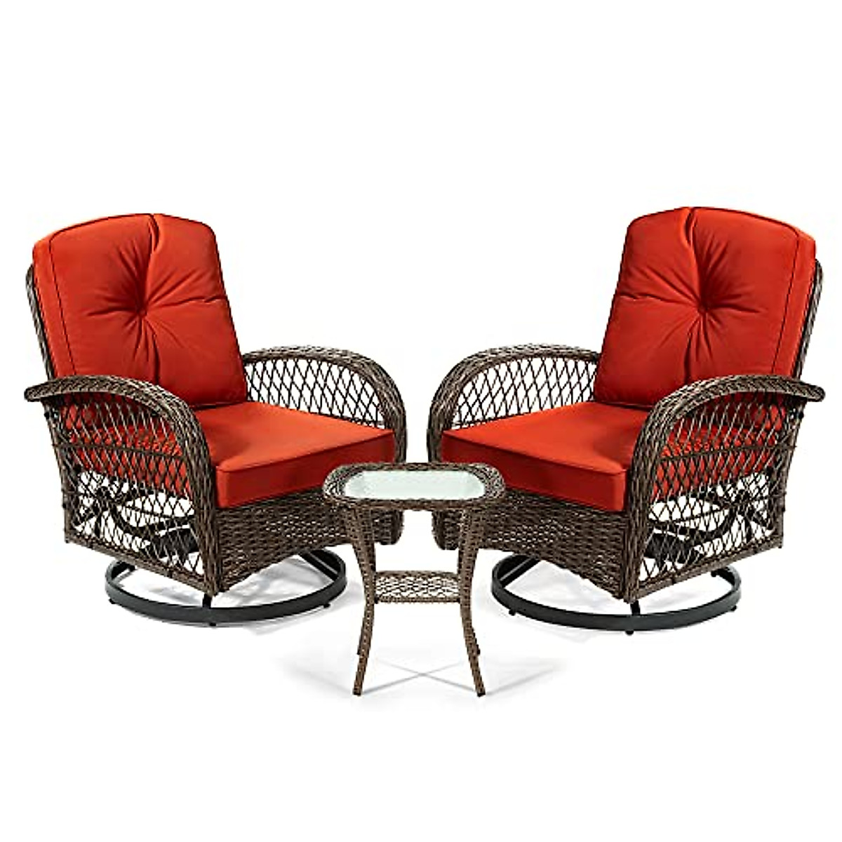 SHA CERLIN 3 Pieces Patio Furniture Set, Outdoor Swivel Glider Rocker, Wicker Patio Bistro Set with Rocking Chair, Cushions and Table (Red)