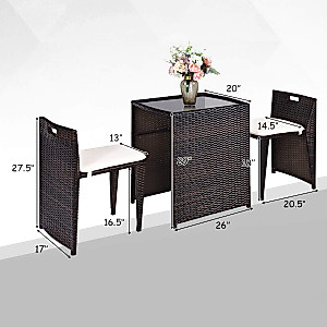 Tangkula 3 Piece Outdoor Rattan Dining Set, No Assembly Patio Bistro Set with Tempered Glass Table, Space Saving Patio Wicker Cushioned Chair Furniture Set for Courtyard, Balcony, Garden (Brown)